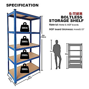 Vandise 5-Shelf Shelving Unit with MDF Boards, Adjustable Steel Shelve, 59H x 28W x 12D inch, 386lbs Loading Capacity per Shelf, Shelving Units and Storage for Kitchen and Garage (Blue)