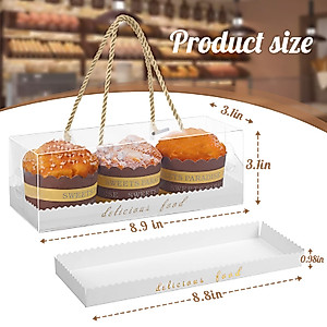 Irenare 30 Pcs Clear Cake Box with Handles Bakery Clear Pastry Cookies Candy Box Rectangular Plastic Cake Roll Container Portable Treat Dessert Gift Boxes for Cupcake, 8.86 x 3.07 x 3.07 Inch (Gold)