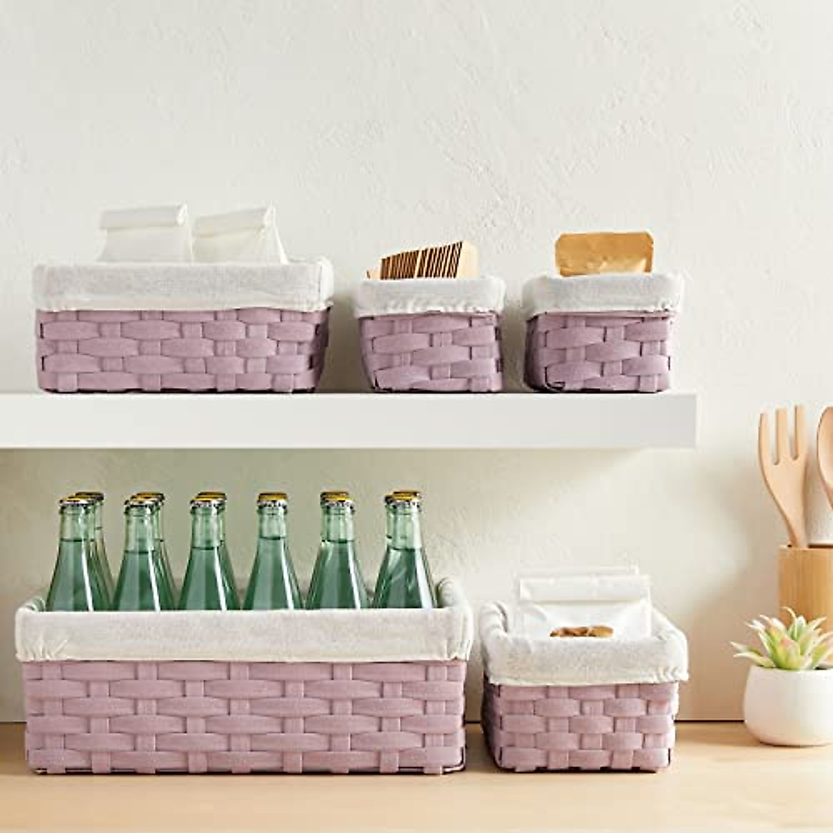 5 Piece Set Woven Nesting Storage Baskets, Decorative Wicker Bins for Organizing, Lavender (3 Sizes)