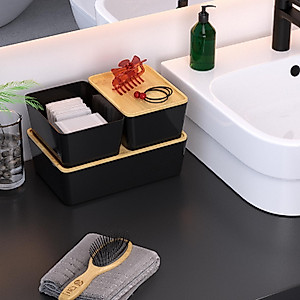 CHANCETSUI Stackable Storage Bins lids For Work: 7X10 Black Storage bins, Office Desk Accessories Storage Containers with Lids, Stackable Bins for Home and Office Organization, bamboo Lid, 2 Pack