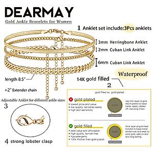 DEARMAY Gold Anklets for Women Waterproof Ankle Bracelets for Women 14K Gold Plated Cuban Link Anklet Bracelets for Women Layered Herringbone Cute Anklets Set Jewelry Gift for Women Teen