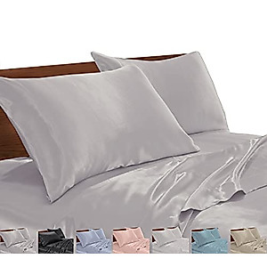 Satin Radiance Soft Satin Silk Sheets Solid Color Deep Pocket Twin Size Satin Bed Sheet Set Cooling And Soft Fitted Satin Bedding + Satin Pillowcase(s) Durable, Breathable, Silver, Grey, 3-piece