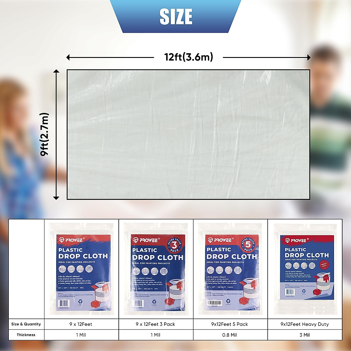 PROWEE 1mil Clear Plastic Drop Cloth for Painting 9-Feet x 12-Feet Painters Plastic Drop Cloth，Waterproof & Dustproof Polyethylene