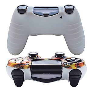 PS4 Controller Grip,Hikfly Skin Silicone Gel Controller Cover Case Protector Compatible for PS4/PS4 Slim/PS4 Pro Controller (1x Controller Cover with 8 x FPS Pro Thumb Grip Caps)(White Win)