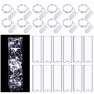 Clear Glass Vases Cylinder Vases for Centerpieces and 10 ft 30 LED White Fairy Lights Battery Operated Mini String Lights for Jar DIY Wedding Party Home Table Christmas Decor (12 Set)