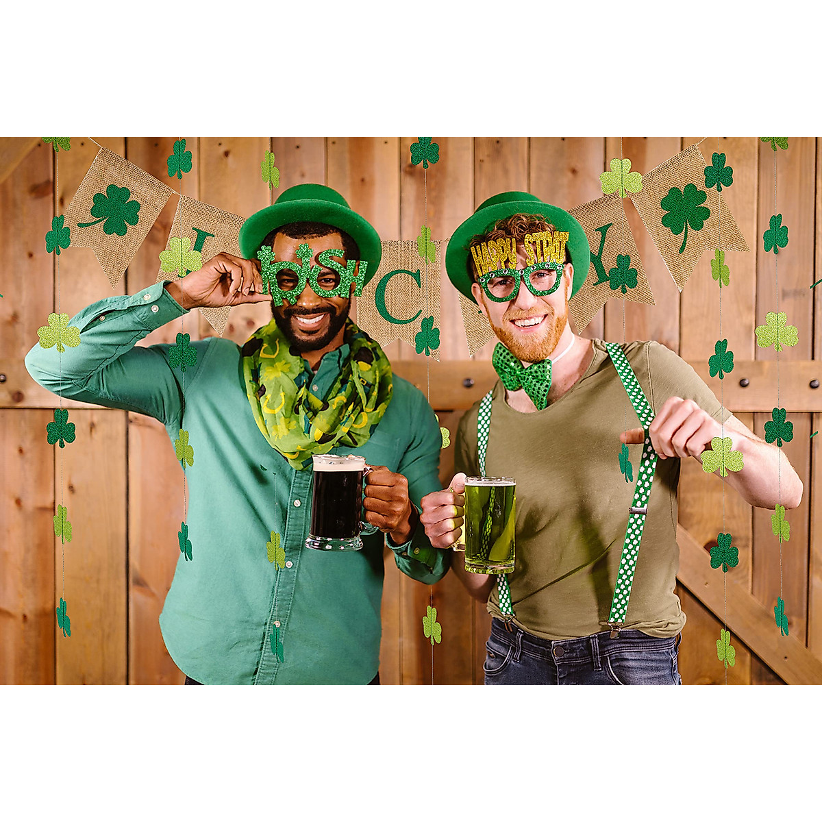 St Patricks Day Decorations, Lucky Shamrock Garland Banner, Patrick's Day Burlap Banners with 4 Glitter Shamrock Garland - NO DIY