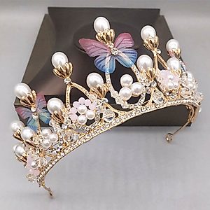 COCIDE Butterfly Tiara and Crown for Girls Gold Tiara for Women Pearl Headband Hair Accessories for Birthday Party Wedding Flower Girl Decoration Accessory…