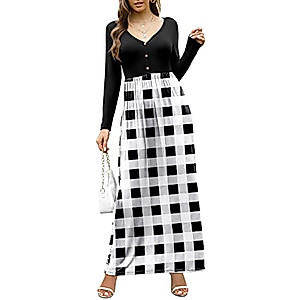 GRECERELLE Women's Long Sleeve Casual V Neck Plain Floral Print Maxi Dresses with Pockets Long Dress