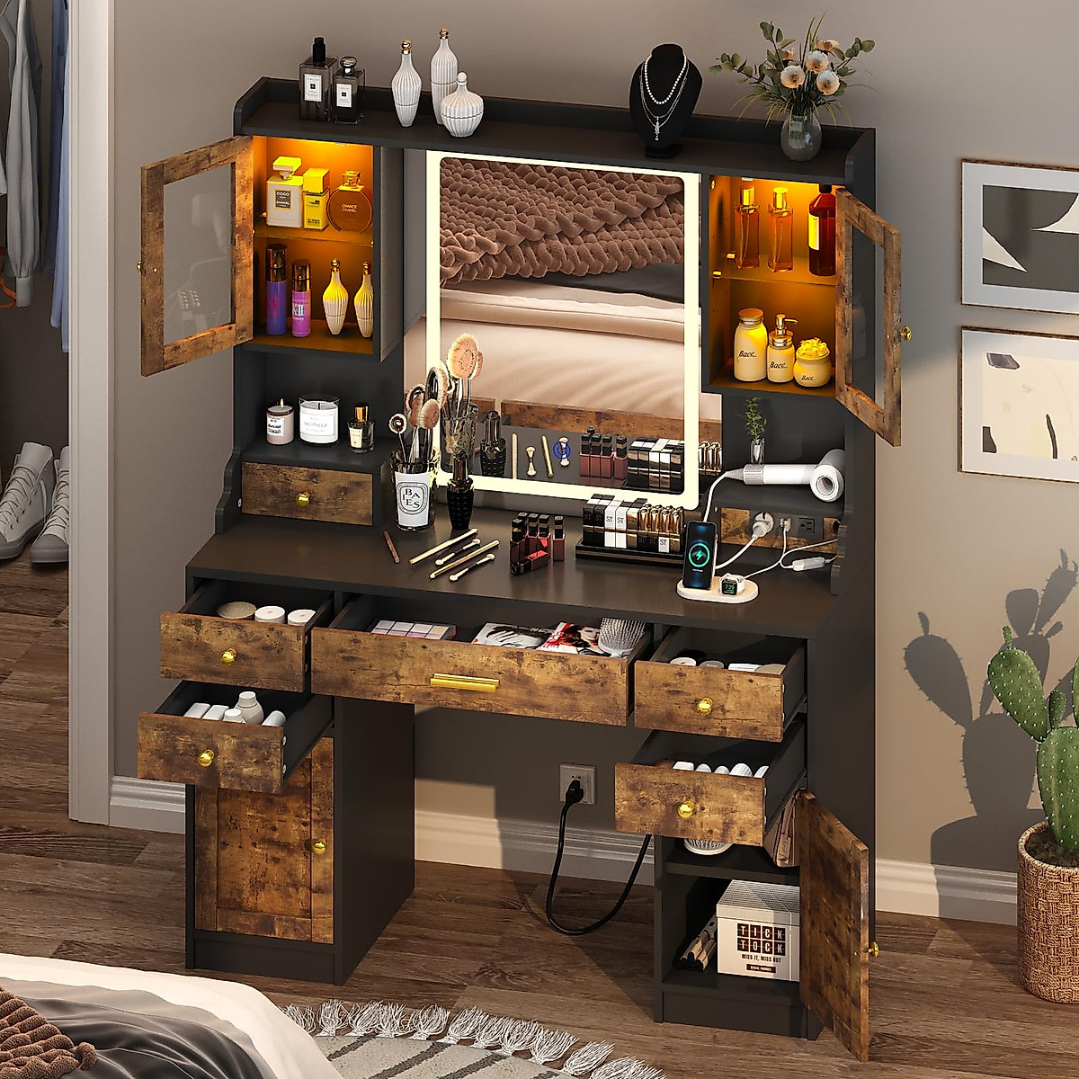 Dnxao Large Make up Vanity Desk with Mirror and Lights,3 Lights Mode and Brightness Adjusted by Touch Button, Built-in Power Strip and 6 Drawers,4 cabinets,2 cabinets with RGB Lights, Rustic Brown