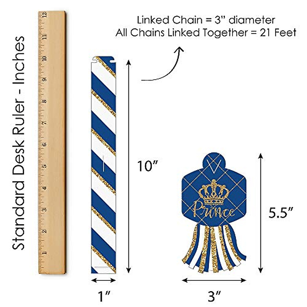 Big Dot of Happiness Royal Prince Charming - 90 Chain Links and 30 Paper Tassels Decoration Kit - Baby Shower or Birthday Party Paper Chains Garland - 21 feet