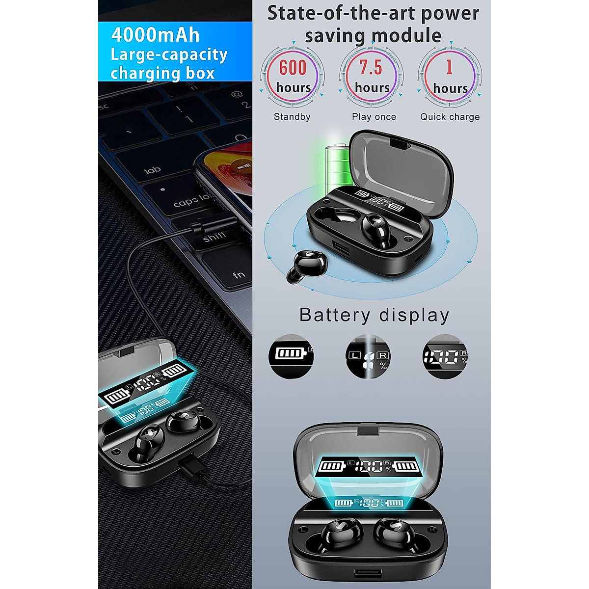 Wireless Earbuds Bluetooth 5.0 with 3000mAh Charging Case LED Battery Display 120H Playtime IPX7 Waterproof TWS Stereo Headphones in Ear Built in Mic Headset Deep Bass Hi-Fi Sound for Sport Black