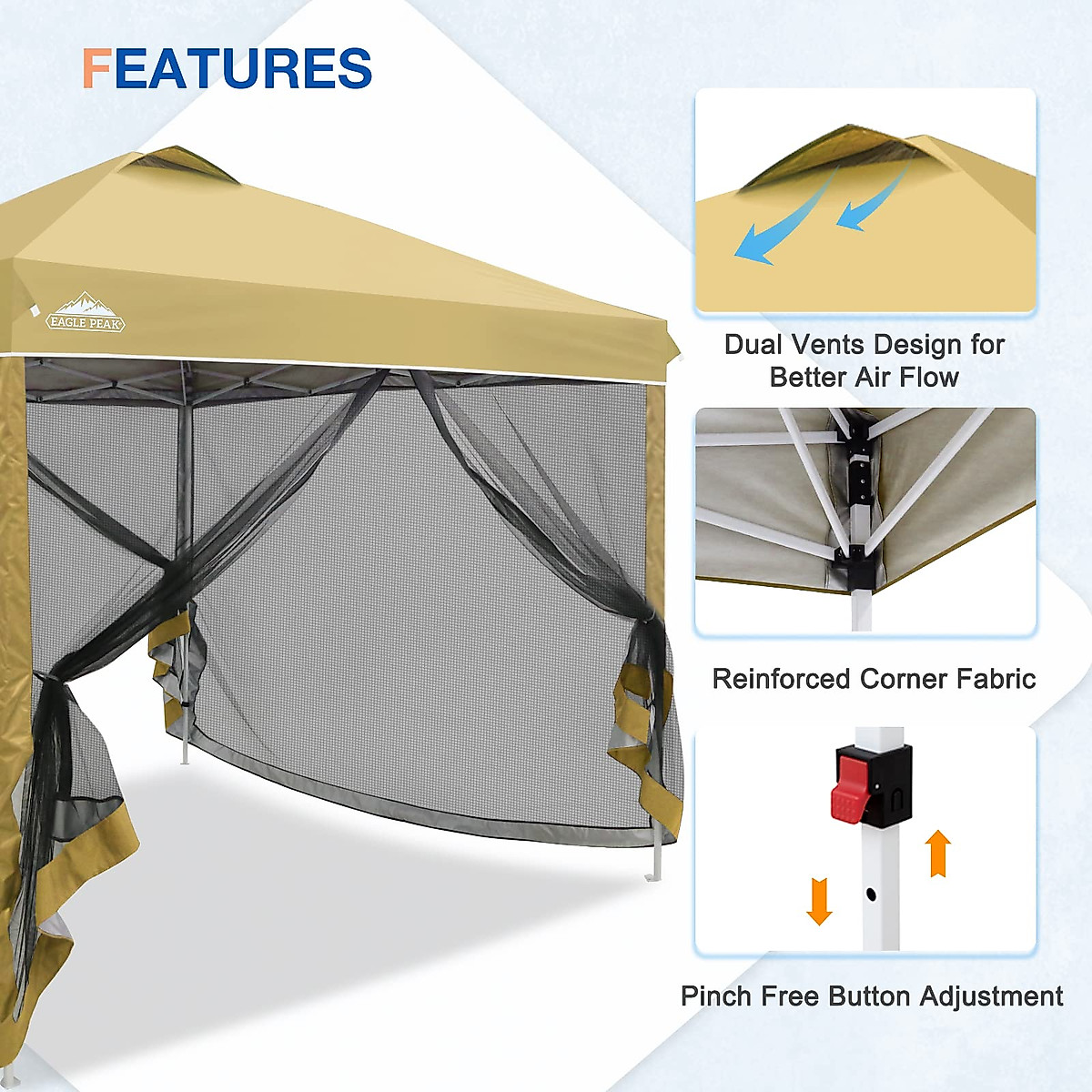EAGLE PEAK 10x10 Outdoor Easy Pop up Canopy with Netting, Instant Screen Party Tent with Mesh Side Walls, Beige