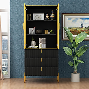 ECACAD Modern Bookcase Storage Cabinet with 2 Glass Doors and 3 Ripple Drawers, Wood Bookshelf Display Cabinet with Metal Legs for Living Room & Office, Black (31.5”L x 15.7”W x 71.9”H)