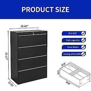 LVSTEEL Lateral File Cabinet with Lock,4 Drawer Stainless Metal Lateral Filing Cabinets, Home Office Storage Cabinets for Organization, Hanging Letter/Legal/A4,Anti-tilt Structure, Black