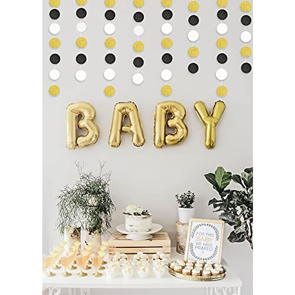 MerryNine Paper Garland, 5 Pack 50ft Glitter Paper Garland Circle Dots Hanging Decor, Paper Banner for Baby Shower, Birthday, Nursery Party Decor(Circle Polka Dots-Black White Gold-50 Feet)