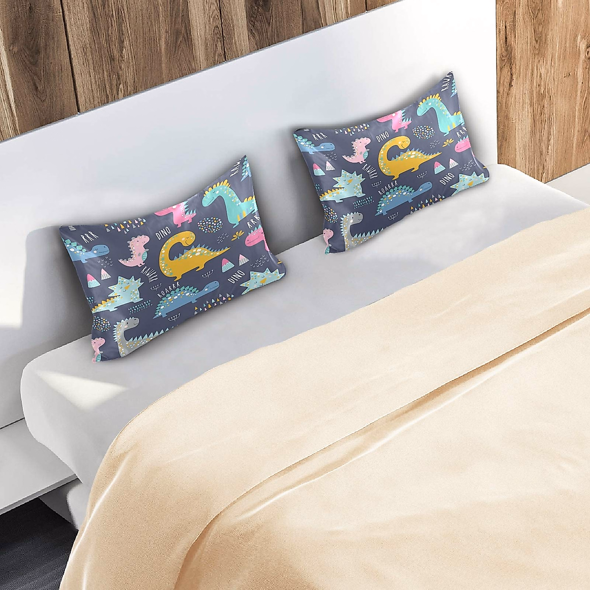 KEEPREAL Cute Funny Kids Dinosaurs Satin Pillowcase for Hair and Skin Silk Pillowcase - Slip Cooling Satin Pillow Covers with Envelope Closure, Standard Size(20x26 inches)