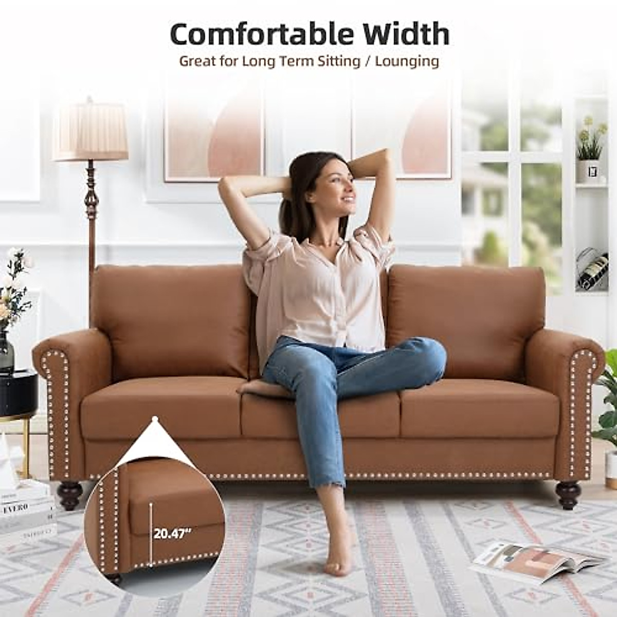 INMOZATA Leather Couch 80" Leather Sofa with Tufted Cushions Upholstery Sofa Modern 3-Seater Couch for Living Room, Apartment, Lounge Room,Light Brown