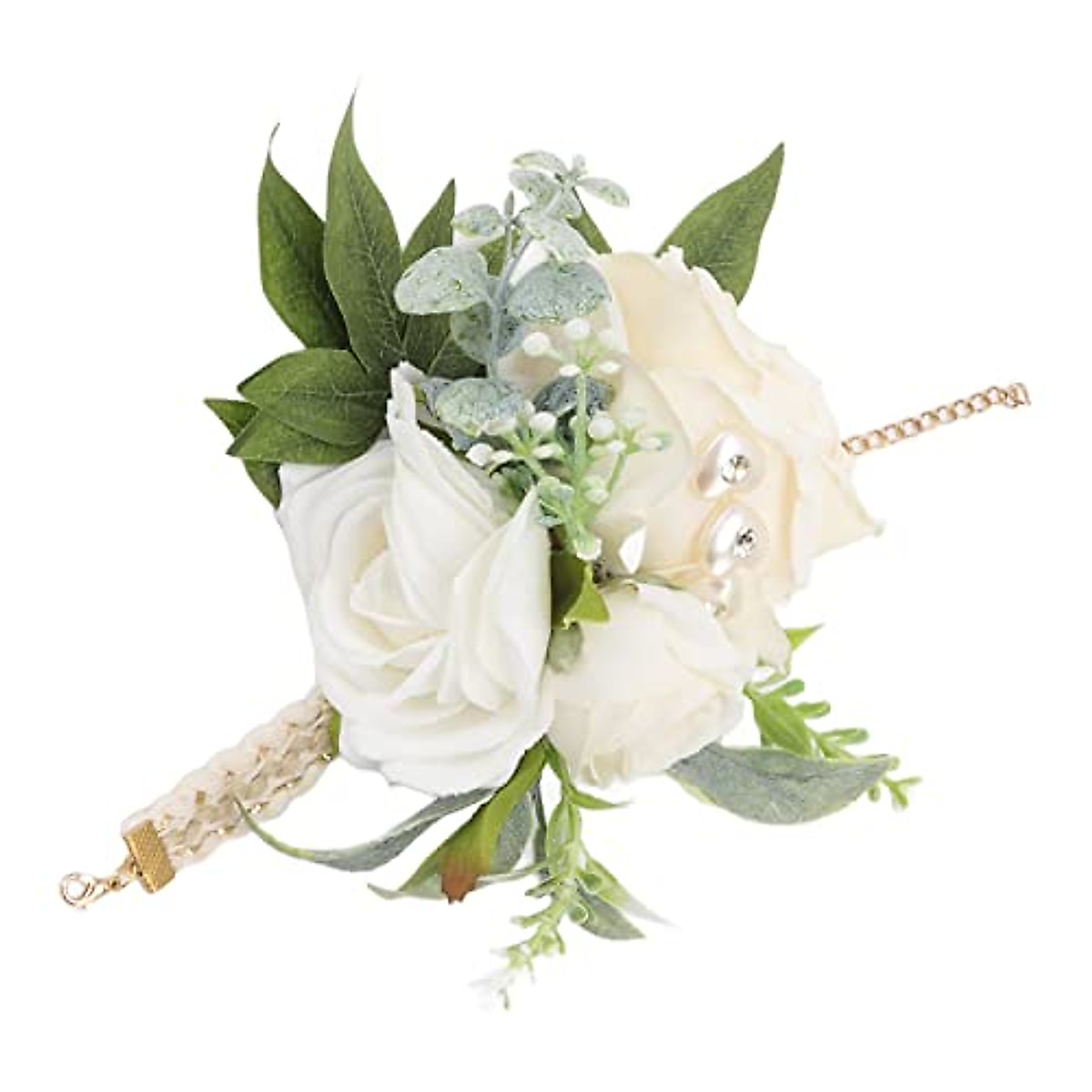 Kuuleyn Corsage Wristlet, Wrist Corsage, Wrist Corsages for Wedding Bride Wrist Flower Decorative White Roses and Green Leaves for Prom Party