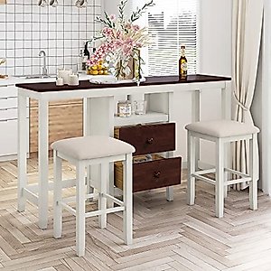 Quarte Farmhouse 3-Piece Dining Table Set,Rustic Counter Height Dining Table Set with 2 Storage Drawers and 2 Stools for Small Places (Brown+White/New*)