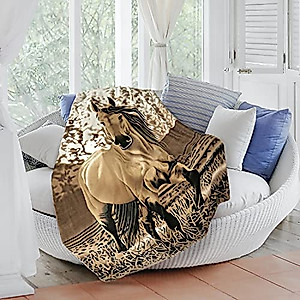 Elegant Western Galloping Horse Fleece Throw Blanket – Lightweight Super Soft Polyester Blanket for Couch Chair Sofa Living Room – 63"x73" Large Brown Horse Printed Blanket