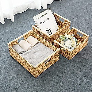 LaMorée Storage Baskets 3 PCS Hand Woven Natural Wicker Storage Bins Boxes with Wooden Handles Decorative Water Hyacinth Clothes Towel Food Container Organizer for Home Kitchen Laundry Room