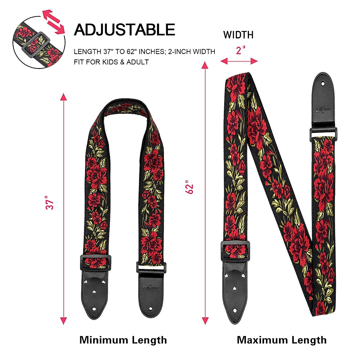 Adjustable Guitar Strap for Electric/Acoustic Guitar/Bass, Includes 2 Picks + Strap Locks + Strap Button, Cotton Jacquard Embroidered Genuine leather Ends Guitar Straps with 1 Pick Holder, Rose