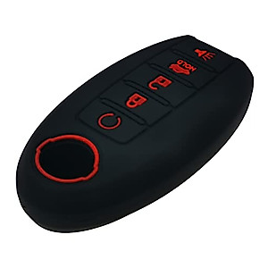 waymei Silicone Key Fob Cover Remote Keyless Case Protector Compatible with Nissan Altima Armada Maxima Murano Pathfinder Rogue Sedan KR5S180144014 285E3-3TP5A (5 Buttons Black & Pink)