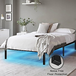HAAGEEP Metal Queen Bed Frame with Led Lights Queen-Size Platform Bedframe No Box Spring Needed Mattress Frames 14 Inch High