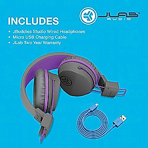 JLab Audio JBuddies Studio Bluetooth On-Ear Kids Headphones | 13 Hour Battery Life | Studio Volume Safe | Volume Limiter | Folding | Adjustable | Noise Isolation | with Mic | Gray/Purple