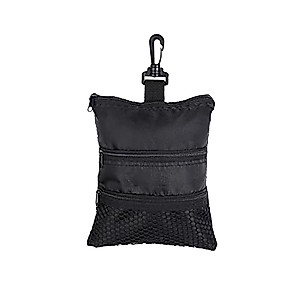 Tee Pouch, Black Multi-Pocket Zipper Ball Tee Handbag Portable Ball Accessories Pouch with Clip