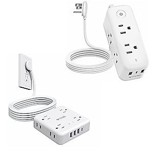 Flat Plug Power Strip - TROND 5ft Ultra Thin Extension Cord with 6 Widely Outlets and 3 USB Ports(1 USB C) + TROND 10FT Thin Flat Extension Cord 3 USB-A & 1 USB-C Port, 8 Widely-Spaced Outlets