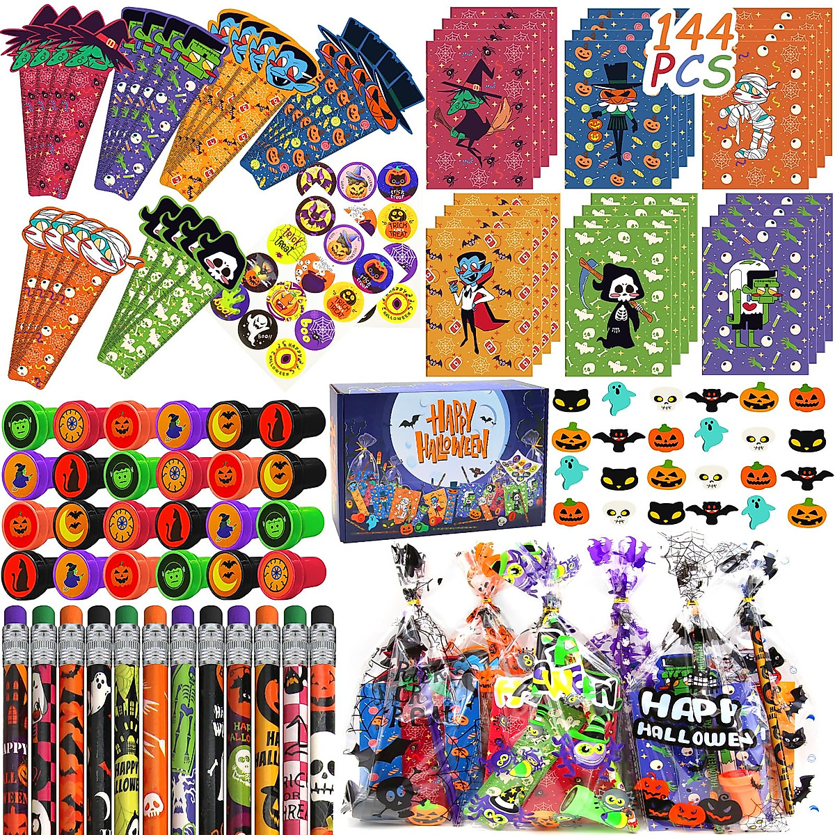 SURCVIO 168pcs Halloween Party Favors Stationery Set for Kids, Halloween Goody Bag Fillers Including Pencil, Eraser, Ruler, Notepad, Stamper, Sticker, Halloween Stationery Kit for Kids Trick or Treat