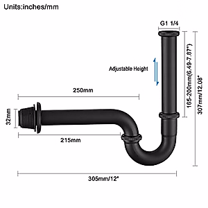 GORDEE Bathroom Basin Sink Bottle P Trap, Brass U-Shape 1-1/4 inch Slip Inlet Drain, Lavatory Adjustable Height Sink Waste Drain P-Trap Kit, Pls Measure ur Sink Hole Size Before Order, Matte Black