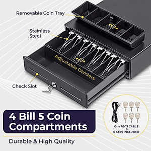 13" Cash Register Drawer for Point of Sale (POS) System with 4 Bill 5 Coin Cash Tray, Removable Coin Compartment, 24V, RJ11/RJ12 Key-Lock, Media Slot, Black - for Stores, Shops, and Businesses
