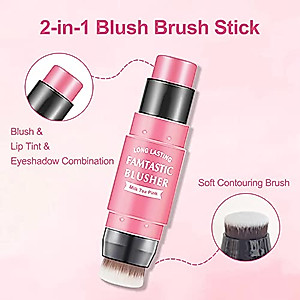 Erinde Cream Blush Stick with Brush, Cream Blush for Cheeks, Lightweight Light Pink Blush Stick, Waterproof, Long-lasting, 3 In 1 Cheek Blush & Lip Tint & Eyeshadow Makeup Stick, 01# Milk Tea Pink