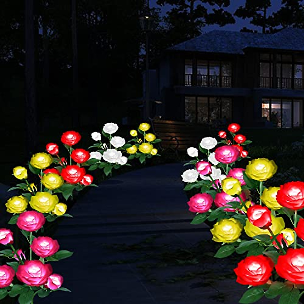 Calyla Solar Lights Outdoor 7 Rose Flowers Solar Garden Lights Garden Stake Lights Path Decorative Rose Lights for Patio Yard Pathway Landscape Enlarged Solar Panel (Pink)