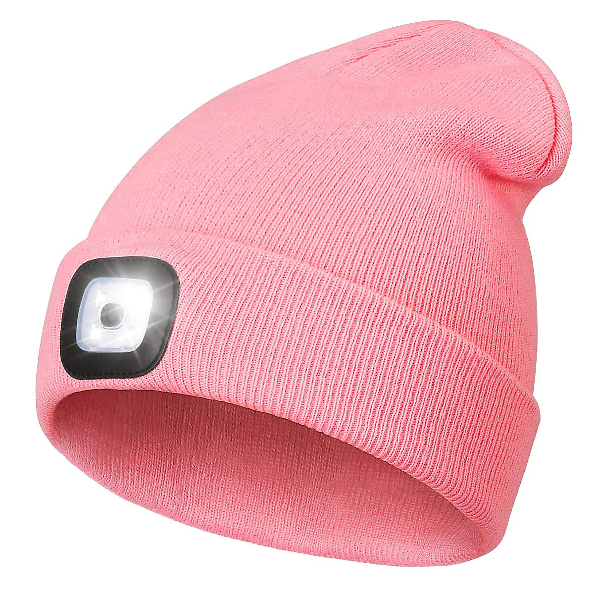 YunTuo LED Beanie with Light,Unisex USB Rechargeable Hands Free 4 LED Headlamp Cap Winter Knitted Night Lighted Hat Flashlight Women Men Gifts for Dad Him Husband (Pink)