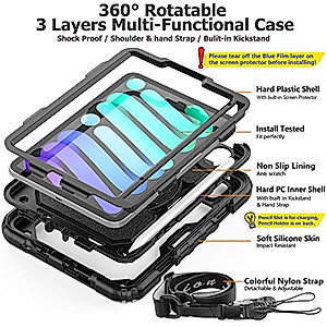 SEYMAC stock iPad Mini 6 Case 8.3’’ 2021 with Screen Protector Pencil Holder [360 Rotating Hand Strap] &Stand, Drop-Proof Case for iPad Mini 6th Generation 8.3'', Black
