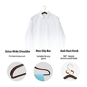 Suit Hangers Non Slip Velvet 10 Pack - Coat Hanger Wide Shoulder 360° Swivel Hooks & Jacket Hangers for Men Anti-Slip Bar Brown