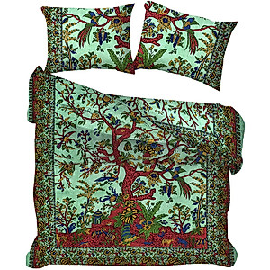 Flyingasedgle Indian Mandala Duvet Cover Twin/Queen Size Bohemian Hippie 100% Cotton Drom Bedding Cover Boho Comforter Quilt Cover with Pillow Covers (Green T.L)