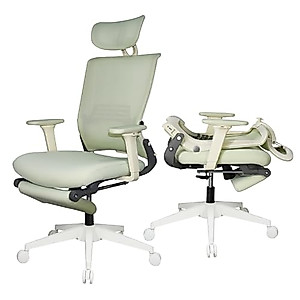 Foldable Ergonomic Office Chair, High Back Desk Chair with Footrest, Mesh Back Computer Chair with Fixed Headrest, 2D Armrest, Adjustable Lumbar Support, Soft Sponge Seat, Swivel Task Chair, Green