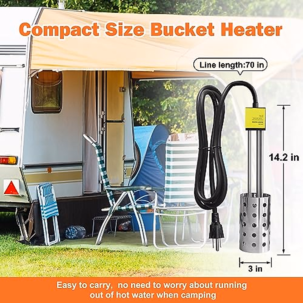 GESAIL 1000W Electric Immersion Heater, Bucket Water Heater with 304 Stainless-Steel Guard, Submersible Bucket Heater with Thermostat and Auto Shutoff, Heats 5 Gallons Water in Minutes