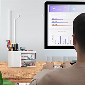 LETURE Desk Organizer Office Supplies Caddy with Pencil Holder and Drawer for Desktop Accessories, Business Card/Pen/Pencil/Mobile Phone/Stationery Holder Storage Box (White)