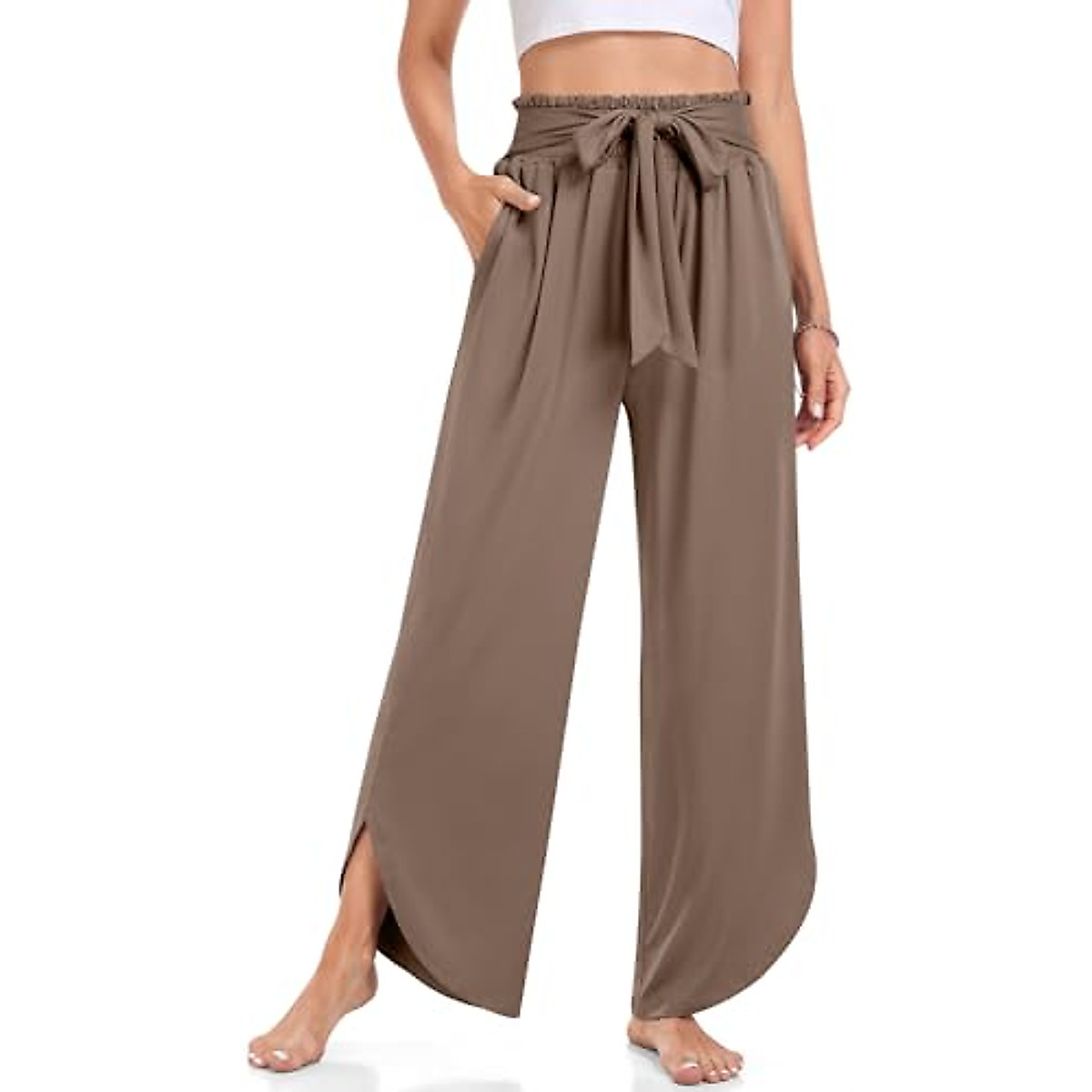 TARSE Women Tie Knot Ruffle High Waisted Yoga Pants Wide Leg Soft Sweatpants Palazzo Lounge Loose Dance Pajama Pants with Pockets Light Coffee XL