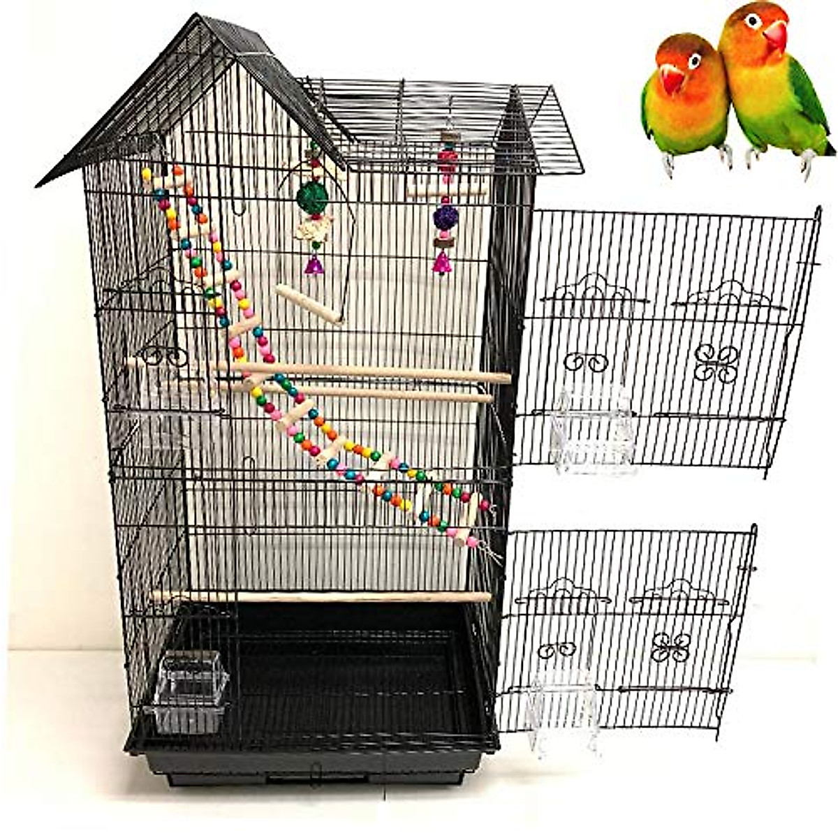 Large Canary Parakeet Cockatiel Lovebird Finch Roof Top Bird Cage with Stand -18"x14"x63" (Black with Toy)