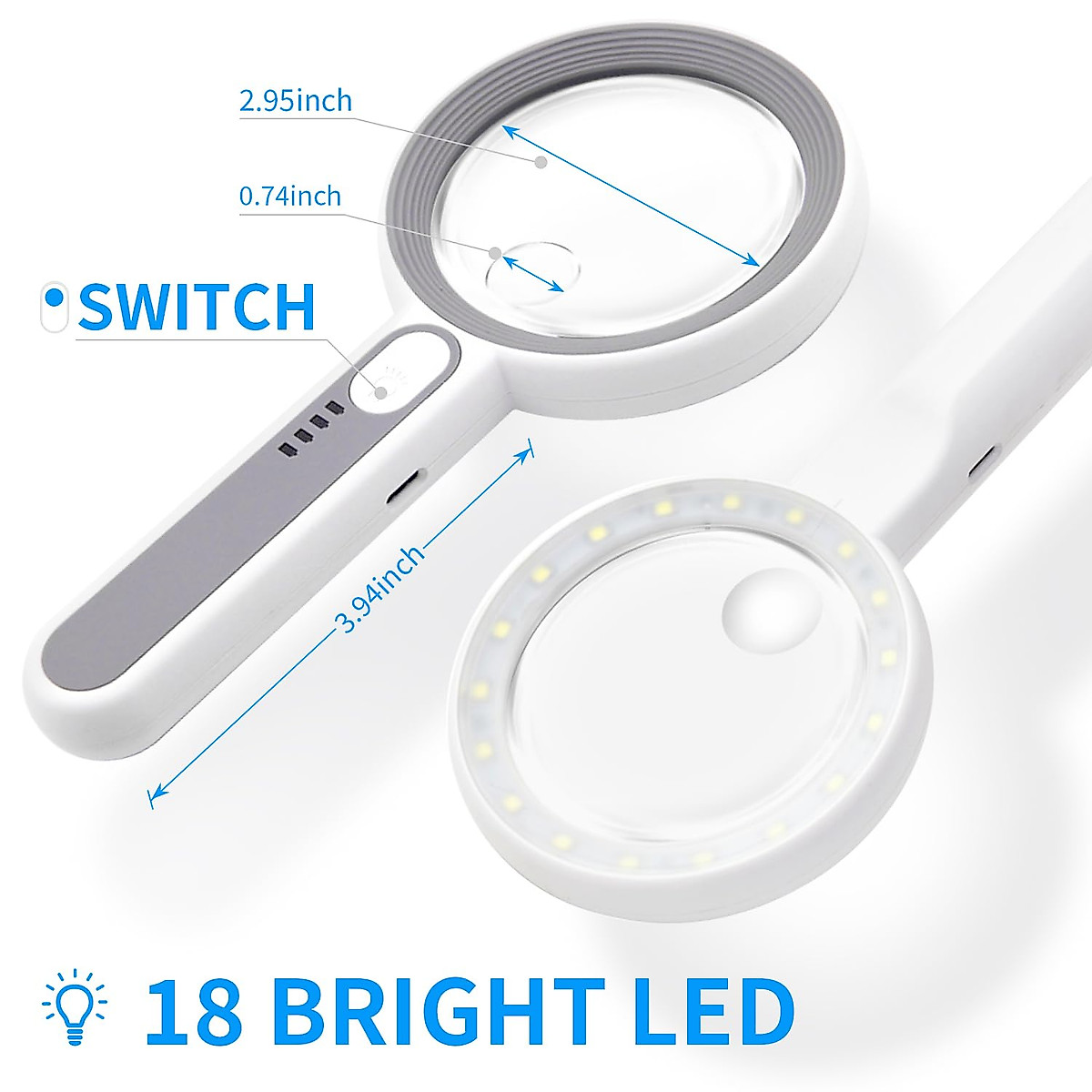 Magnifying Glass with Light, 12X 5X Handheld Magnifier with 18LED Light Have 3 Modes, Illuminated Lighted Magnifier for Reading, Inspection, Coins, Jewelry, Exploring