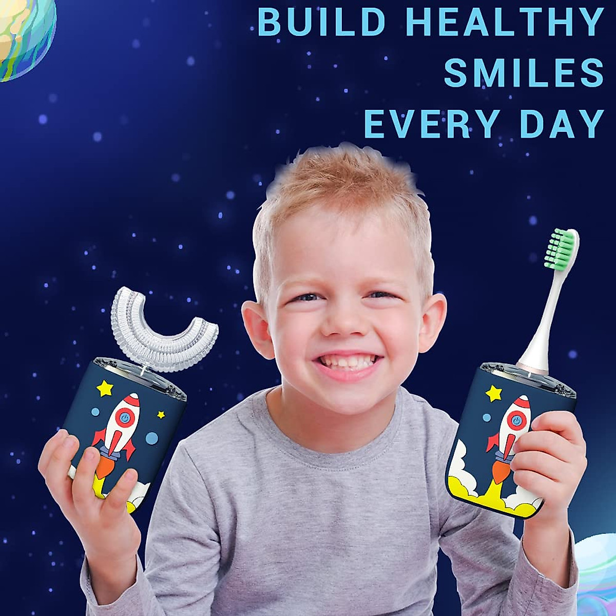 Electric Toothbrush for Kids U Shaped Ultrasonic Automatic Brush Rocket Children Sonic Toothbrushes with Smart Timer 6 Modes Replace Brush Head IPX7 Waterproof 360° Oral Cleaning (Age 2-6)