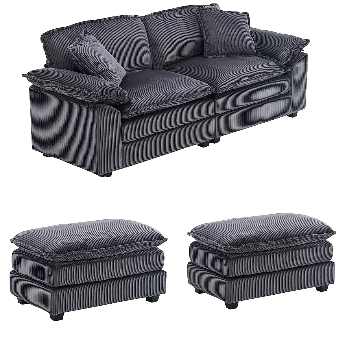 Corduroy Modular Sectional Couch, 84“ Width Oversize Loveseat Sofa, Comfy Plush Cloud Couch Lounge Chair with Ottomans and 2 Pillows for Small Spaces, Living Room, Bedroom, Office (Grey)