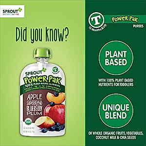 Sprout Organic Baby Food Toddler Power Pak Pouches Stage 4, Apple w/ Superblend Blueberry Plum, 4 Ounce Pouches (Pack of 12)