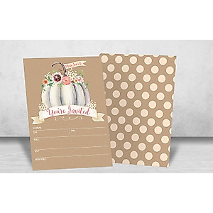 Pumpkin Fall Baby Shower Invitations, A6 Envelopes Included, 20 Count Pack, Premium Heavy-weight Card Stock, Two Sided, Autumn Floral Design, Pink and Gold Color